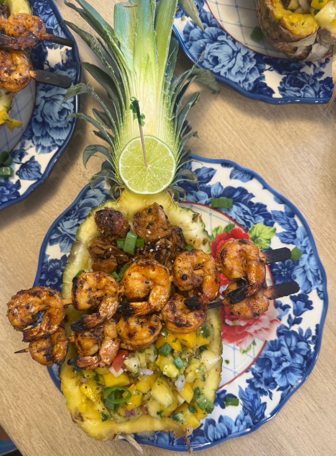 Bourbon Chicken Pineapple Boats with Grilled Garlic Shrimp and ...