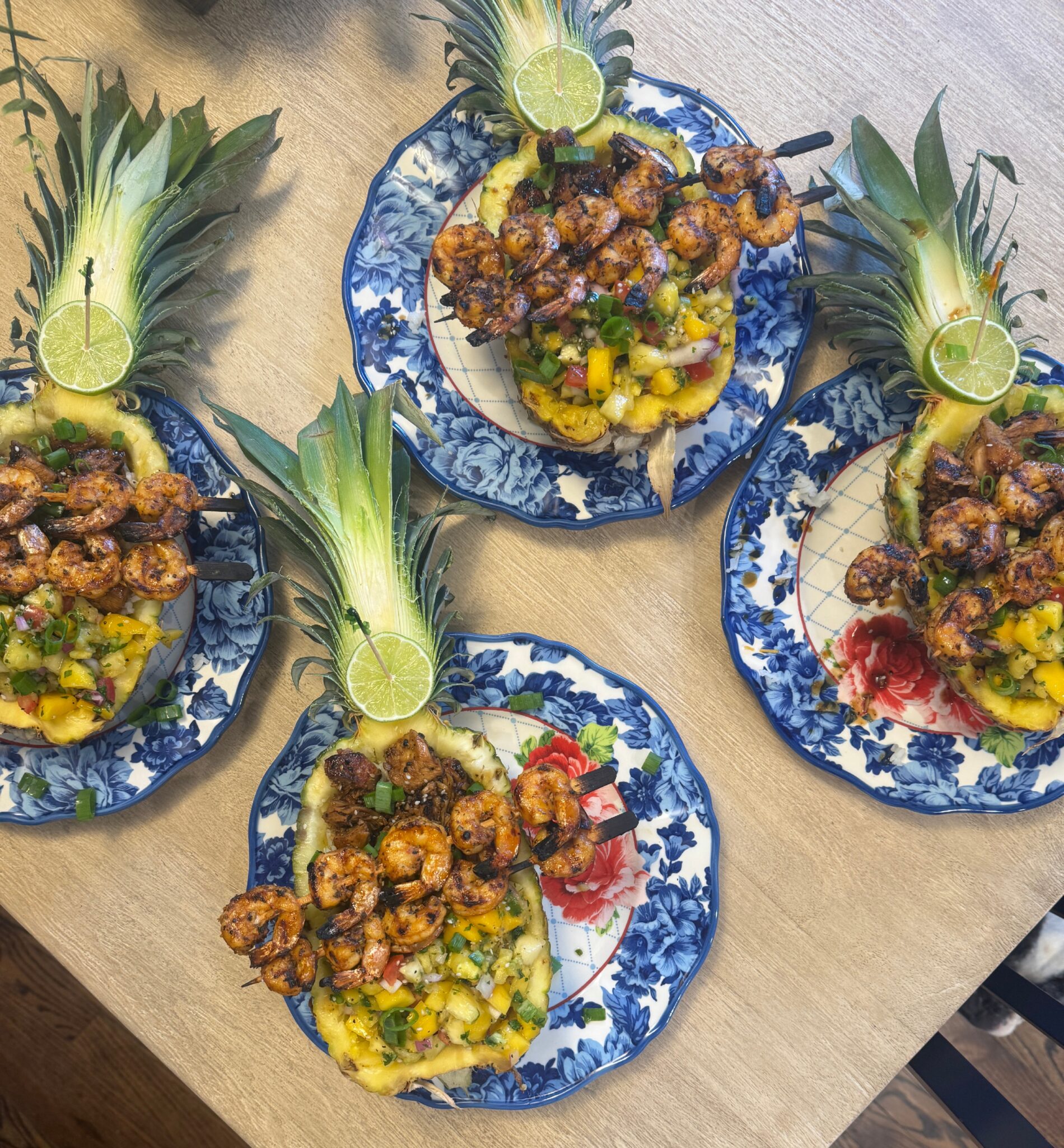 Bourbon Chicken Pineapple Boats with Grilled Garlic Shrimp and ...
